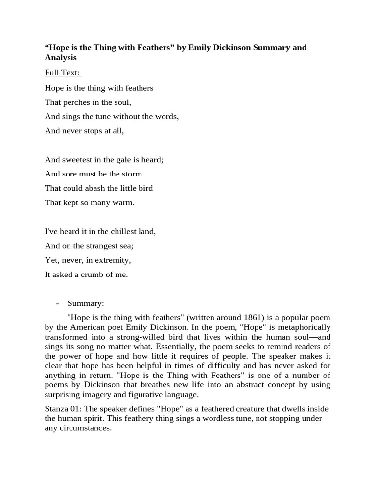 Analysis of Dickinson's "Hope" Poem | PDF | Phonaesthetics | Poetic Devices
