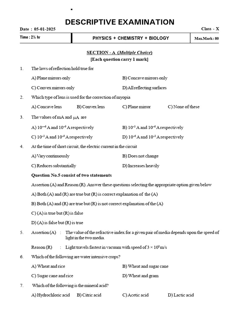 Descriptive Exam Questions 05-01-2025 | PDF | Mirror | Zinc