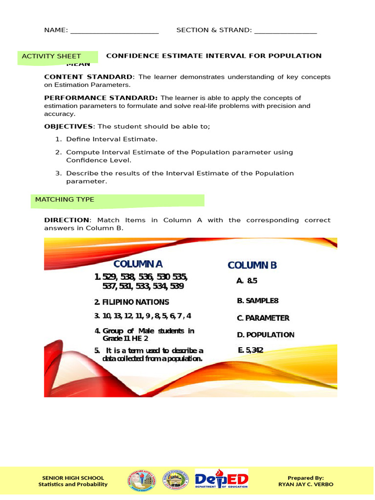 Activity Sheet Statistics Confidence Interval Estimate for Population | PDF