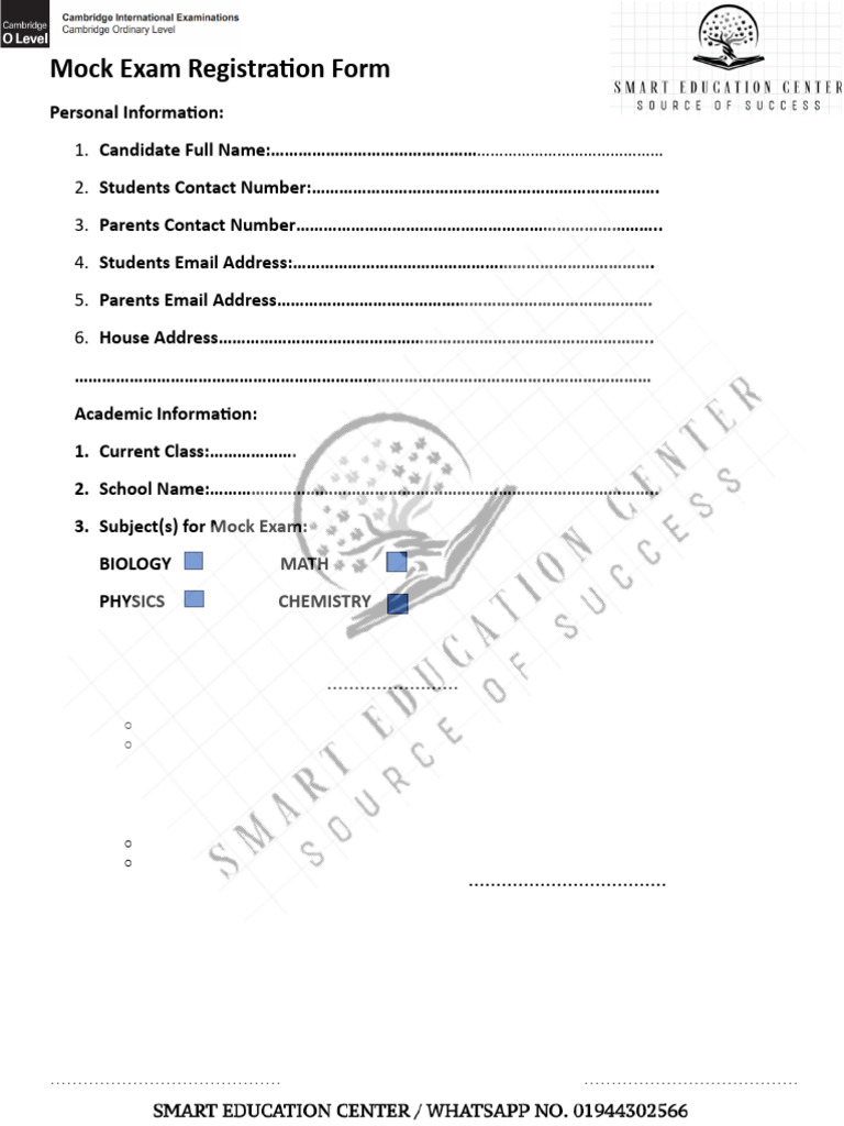Mock Exam Registration Form Template | PDF