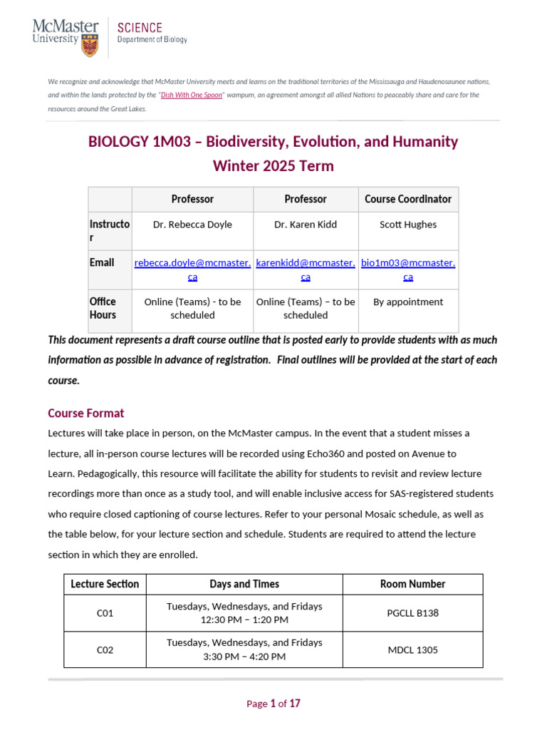 W25 Bio 1M03 Course Outline - Draft 1 | PDF | Academic Integrity | Turnitin