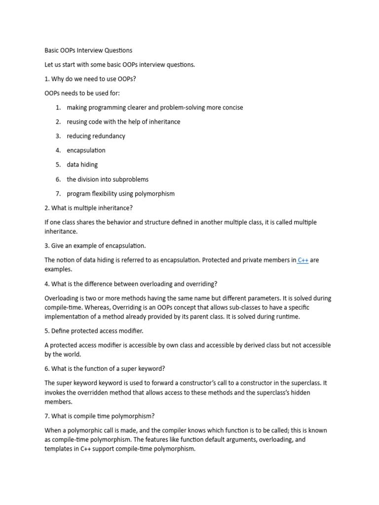 Basic Oops Interview Questions Pdf Inheritance Object Oriented Programming Class