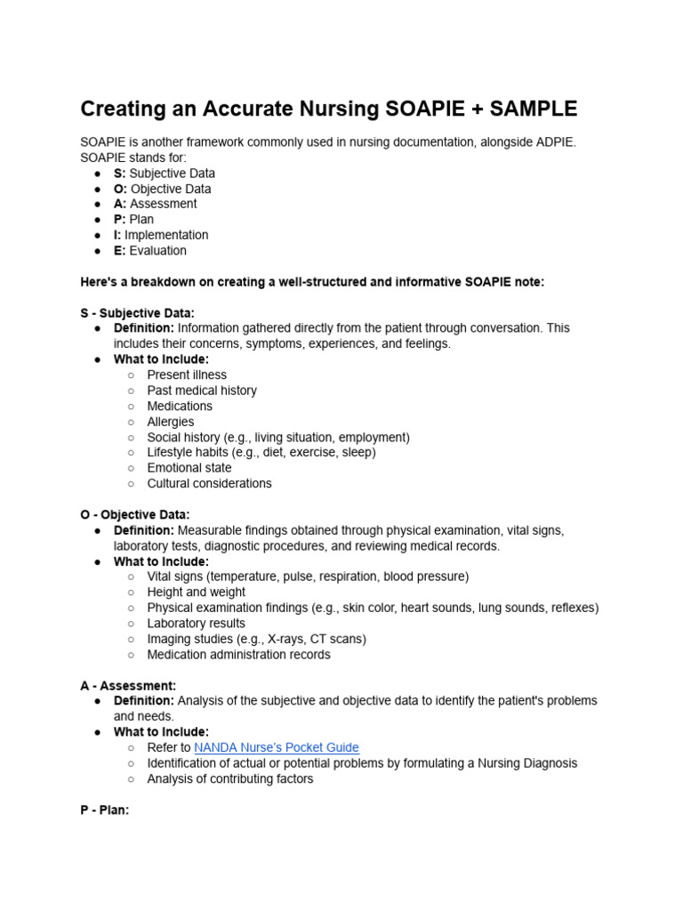 Nursing SOAPIE Guide & Sample | PDF | Medical Diagnosis | Nursing