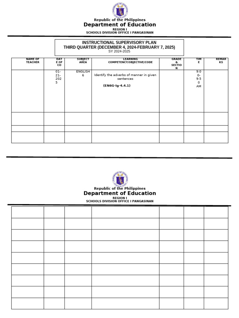 Sample - Instructional Supervisory Plan - 3rdQ and 4thQ - SY 2024-2025 ...