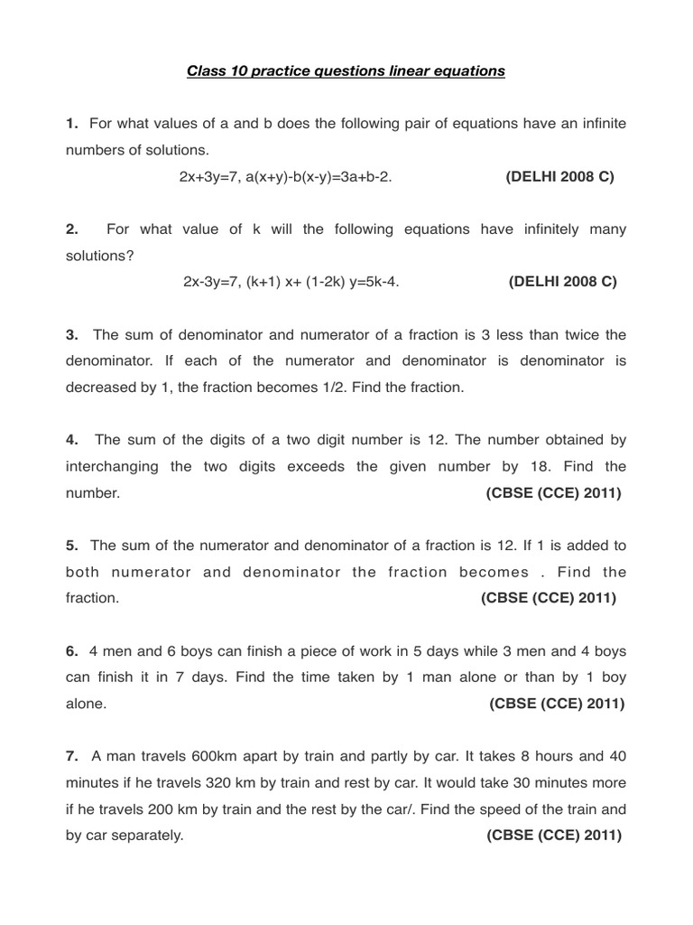 Class 10 Linear Equations Worksheet | PDF