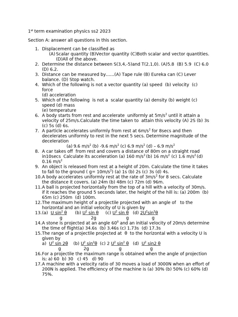 1st Term Examination Physics ss2 2024 - 084940 | PDF | Force | Acceleration