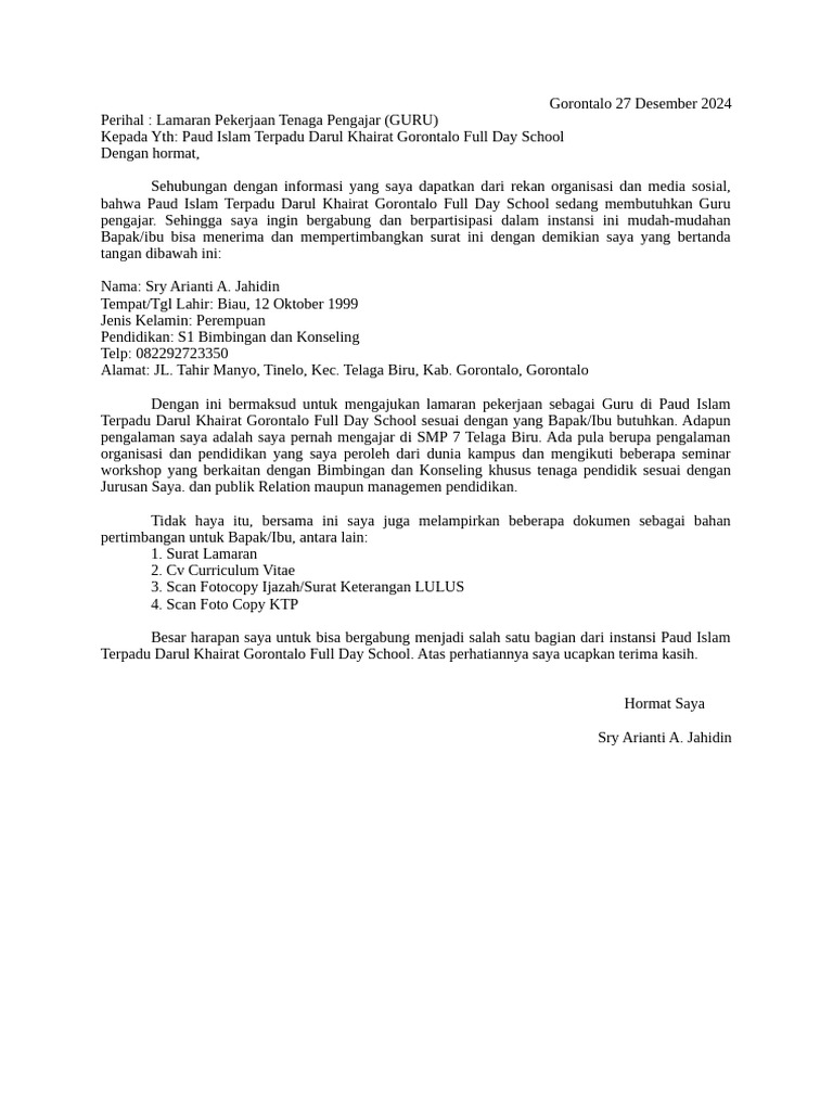 Lamaran Guru Ranti 1 | PDF