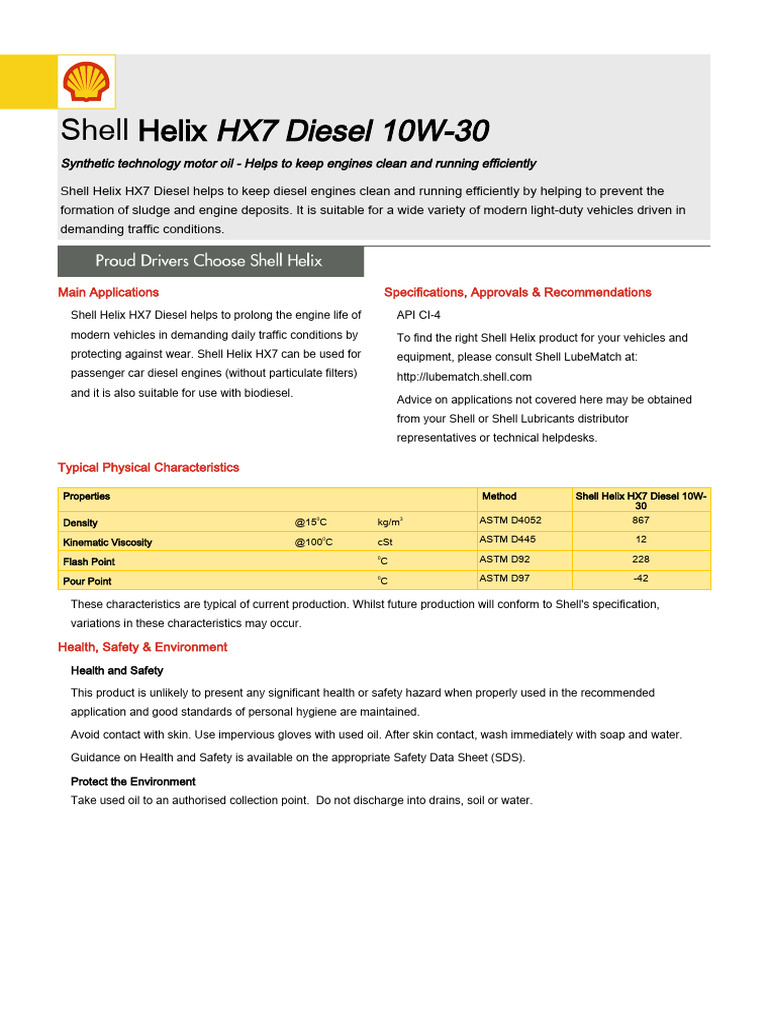 Shell Helix HX7 Diesel 10W-30: Main Applications Specifications ...