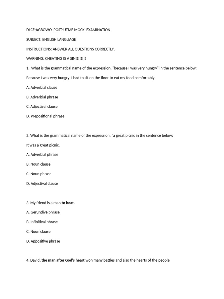 English Language Mock Test | PDF | Phrase | English Language