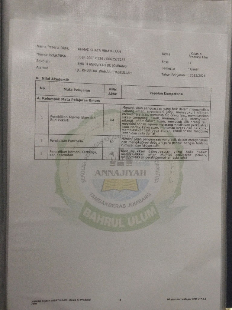 Rapot XI ganjil S3 | PDF