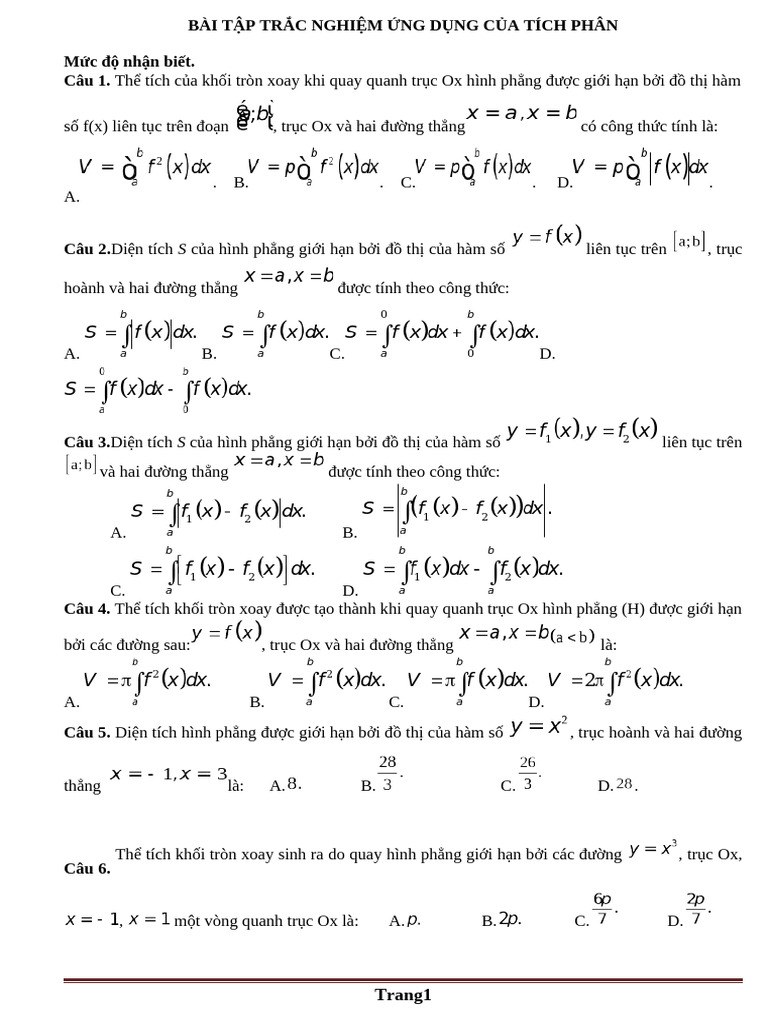 BÀI TẬP ỨNG DỤNG CỦA TÍCH PHÂN LOP 12A2, 12A3 | PDF