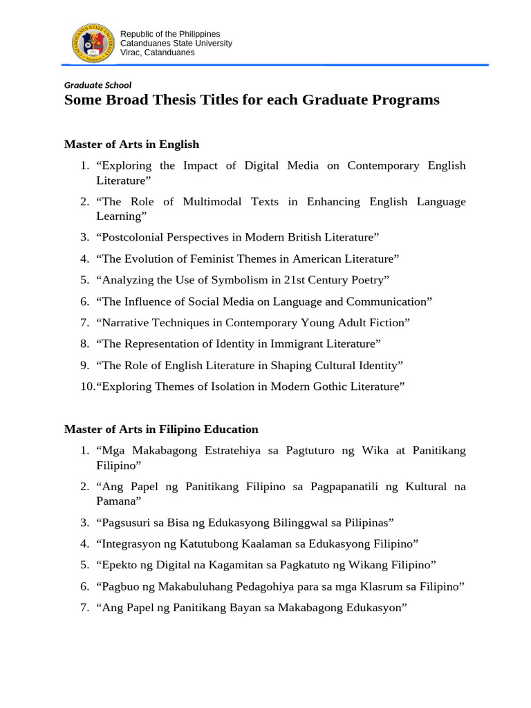 Some Broad Thesis Titles For Each Graduate Programs | PDF | Mathematics ...