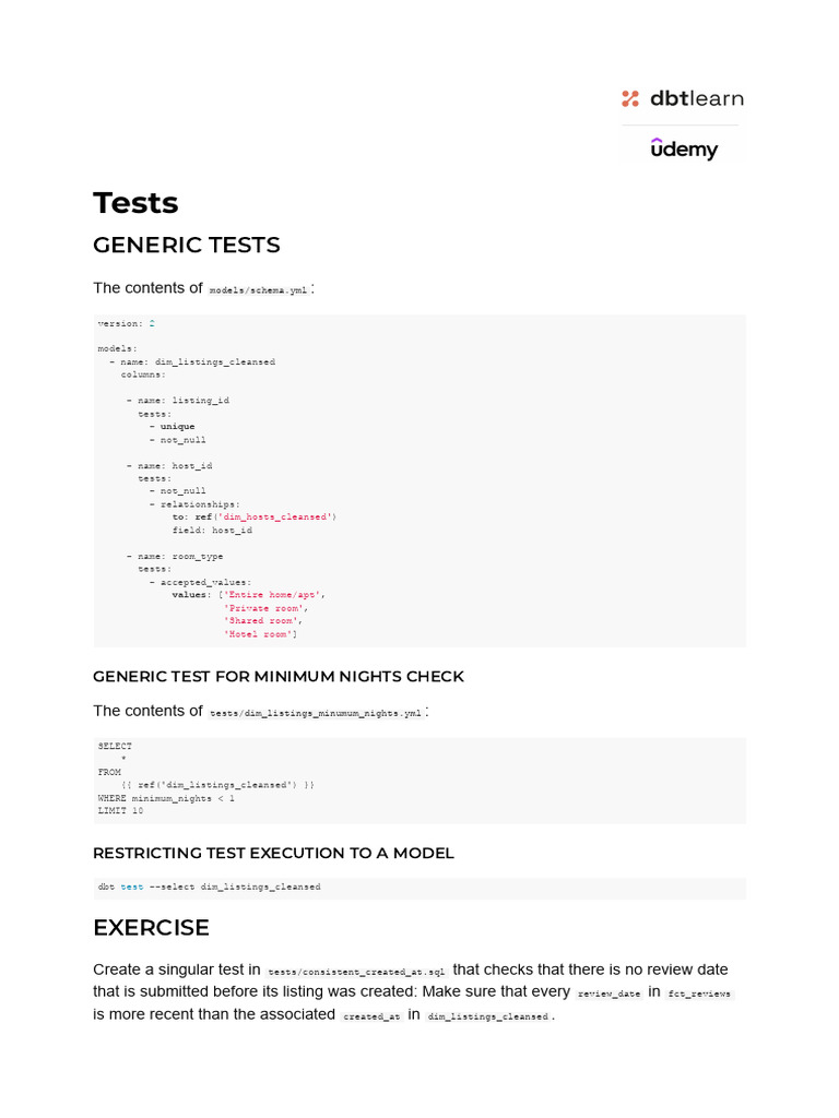 DBT Tests for Listings Schema | PDF