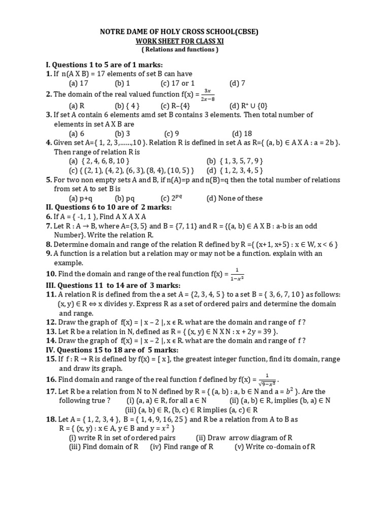 Work Sheet For Class 11 Relation and Functions | PDF | Mathematical ...