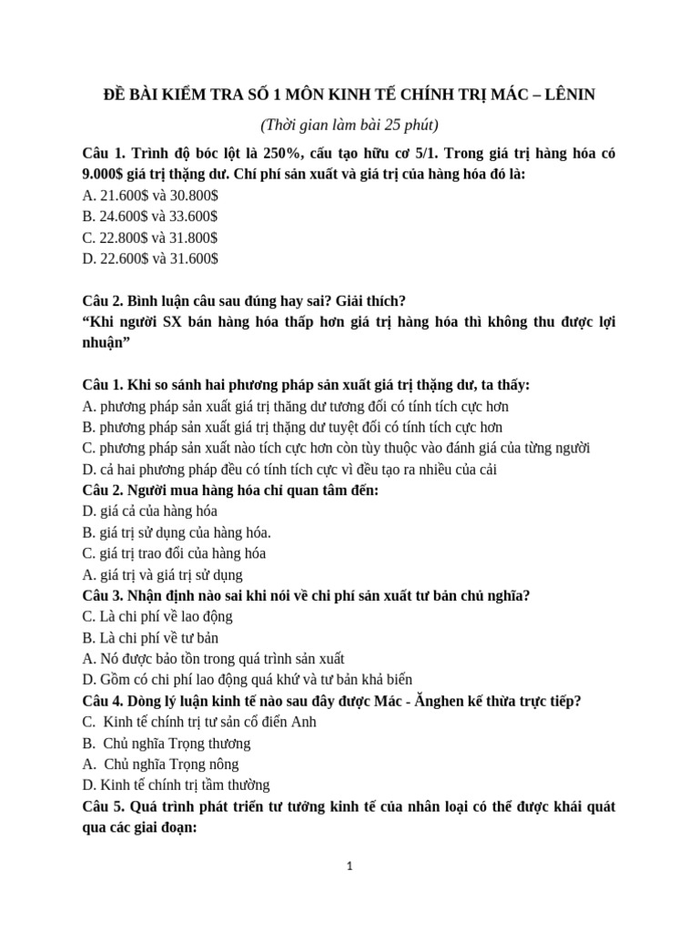 BÀI KT KTCT SỐ 1 | PDF