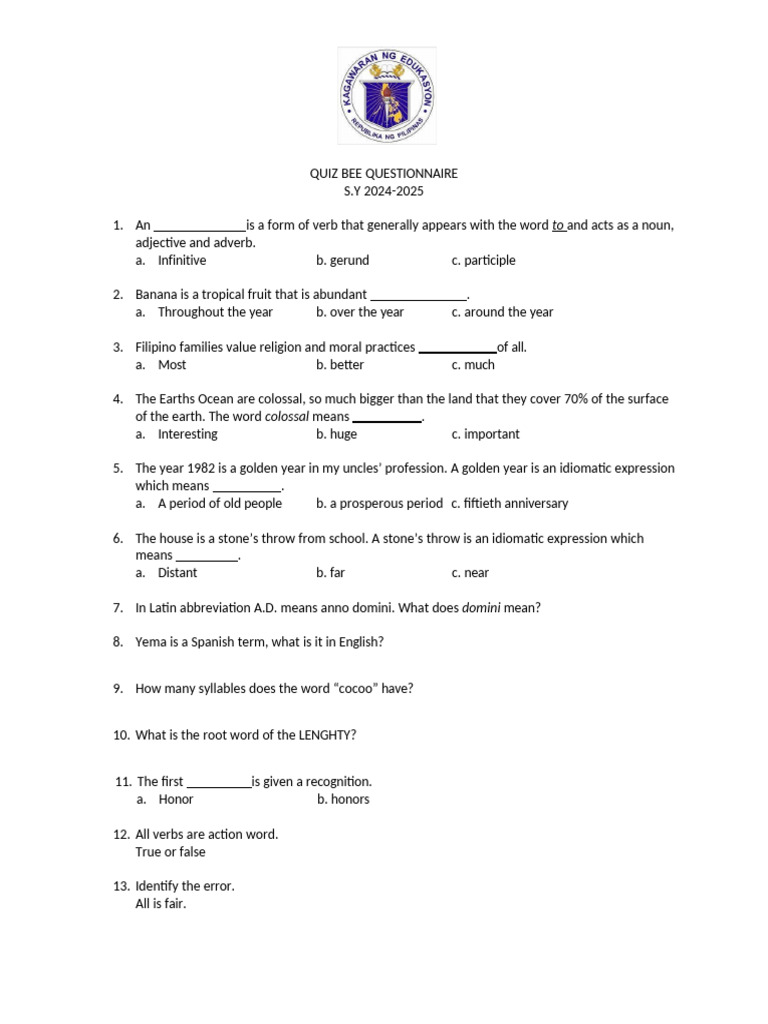 Quiz Bee Questionnaire | PDF | Verb | Word