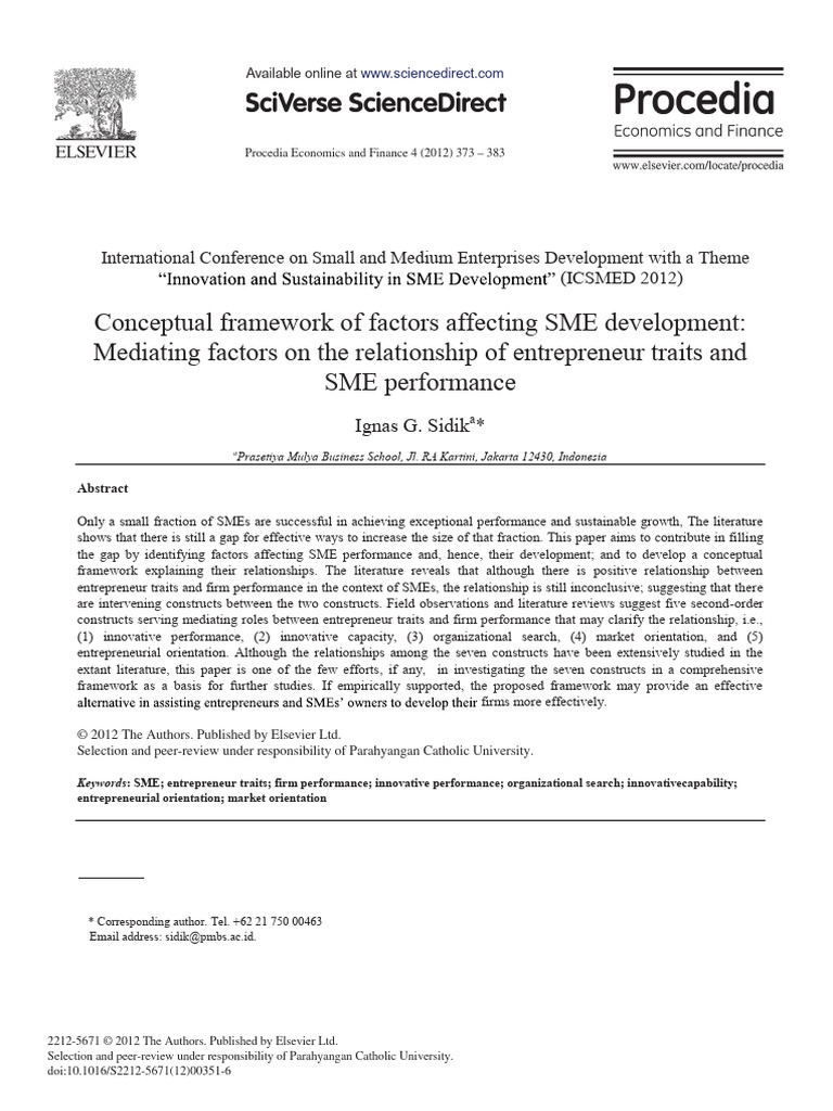 Conceptual Framework of Factors Affecting SME Development. Mediating ...