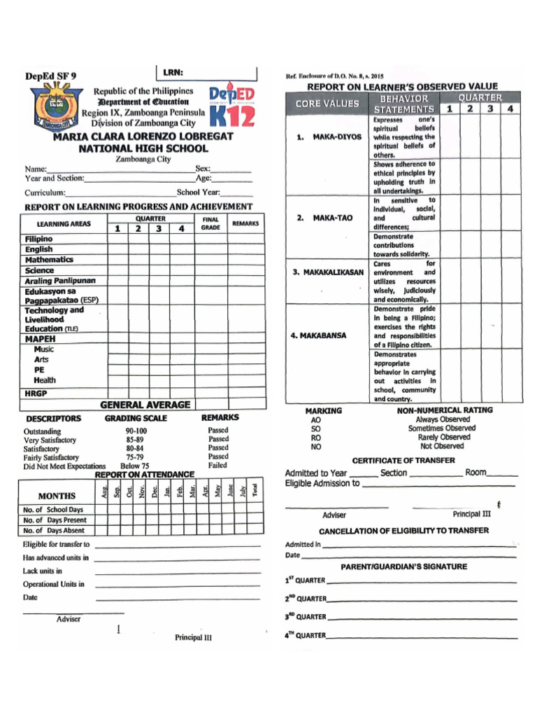 SF 9 Report Card - Lu | PDF