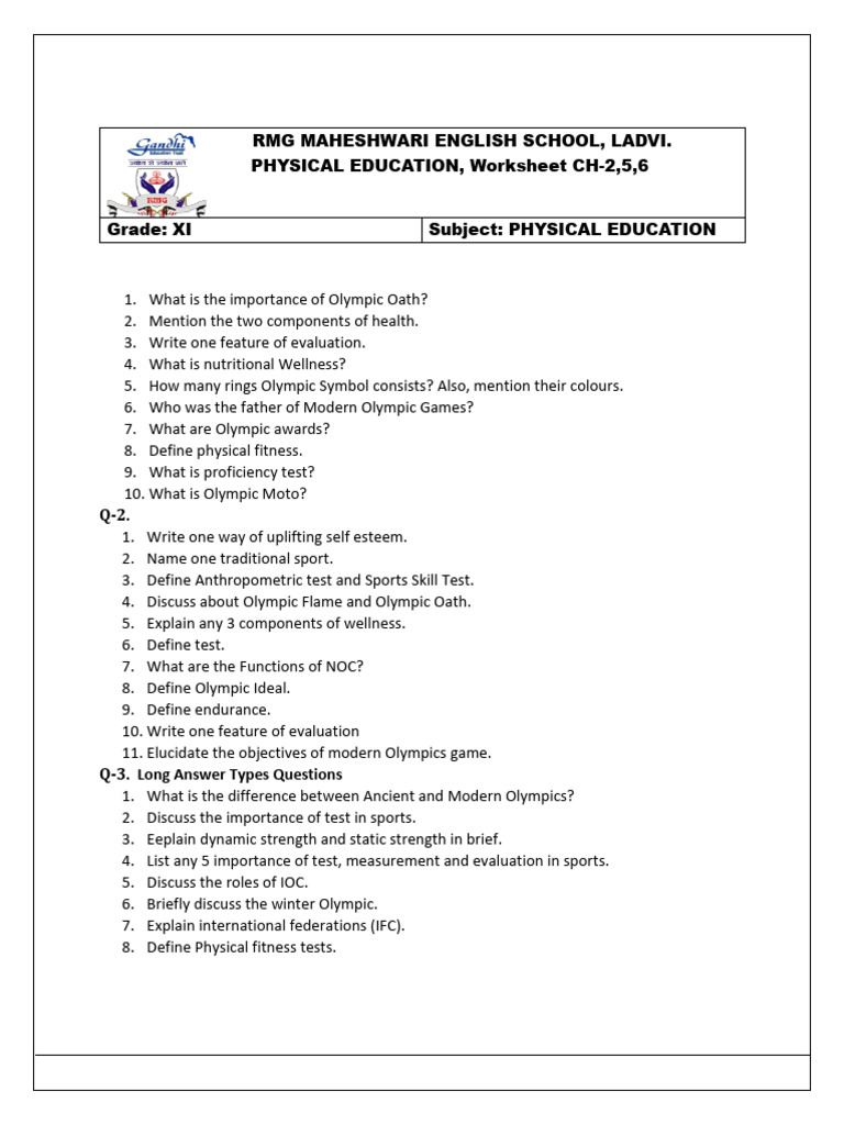 Physical Education Worksheet for Grade XI | PDF