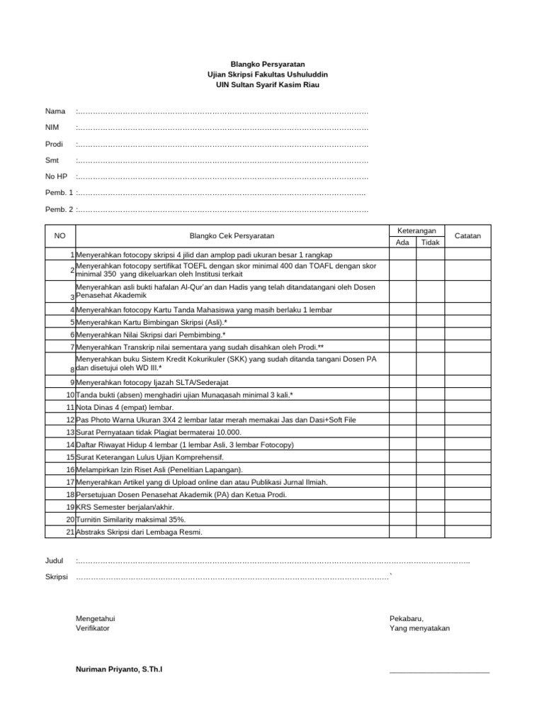 Blangko Syarat Ujian Skripsi 2023 | PDF