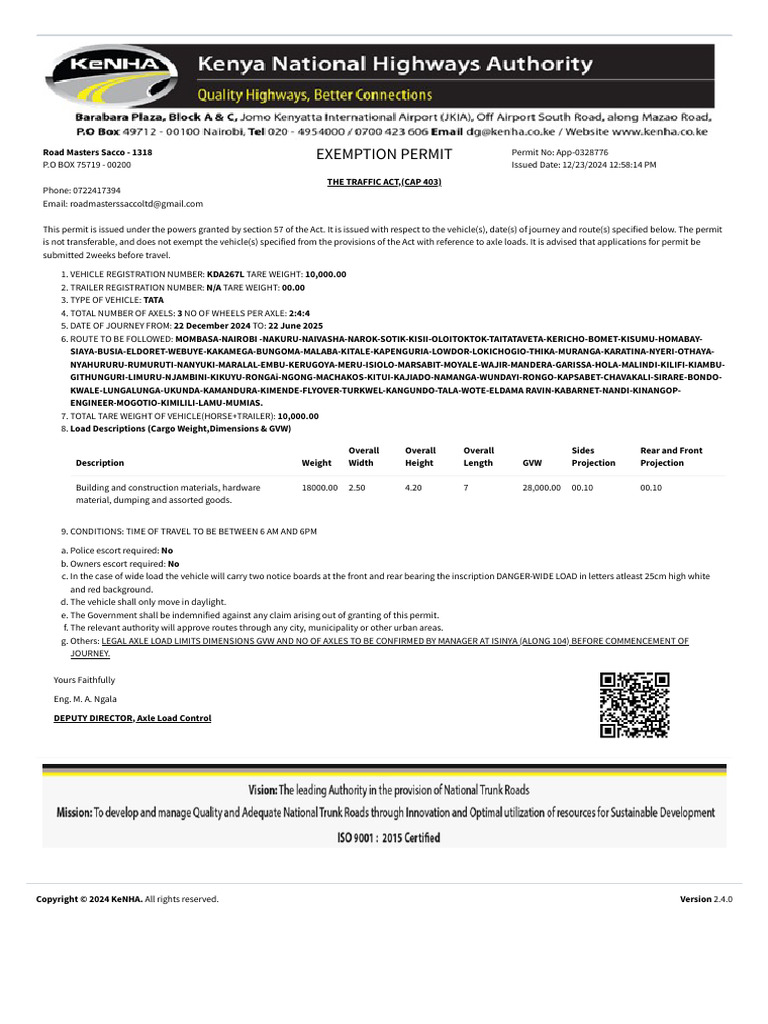 Kenha Exemption Permit Details | PDF | Axle | Vehicle Technology