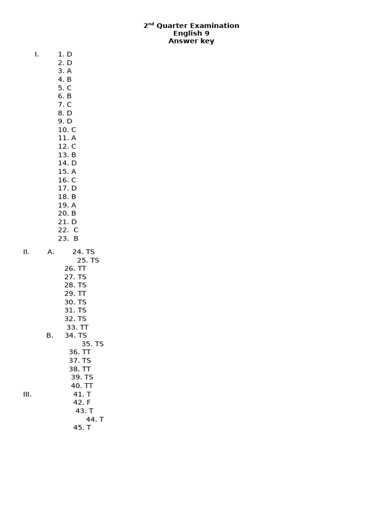 ENGL.9 2nd Quarter Examination - ANSWER KEY | PDF