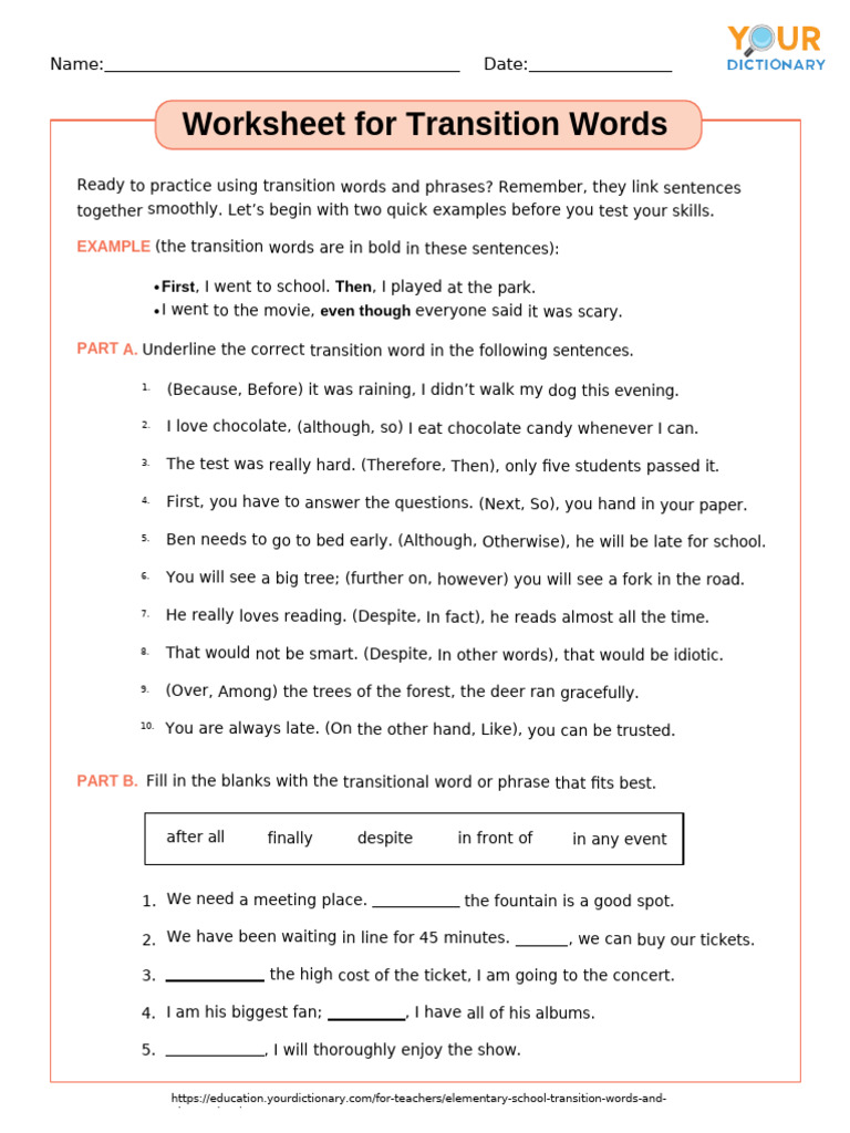 Transition Words Practice Worksheet | PDF