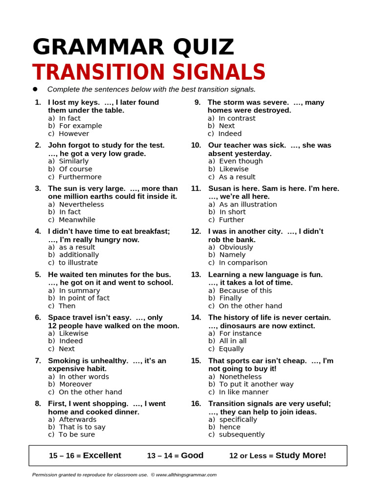 Atg Quiz Transition Signals 20220126 | PDF