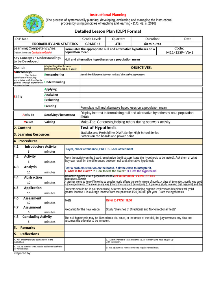 Grade 11 Statistics Lesson Plan | PDF | Hypothesis | Learning