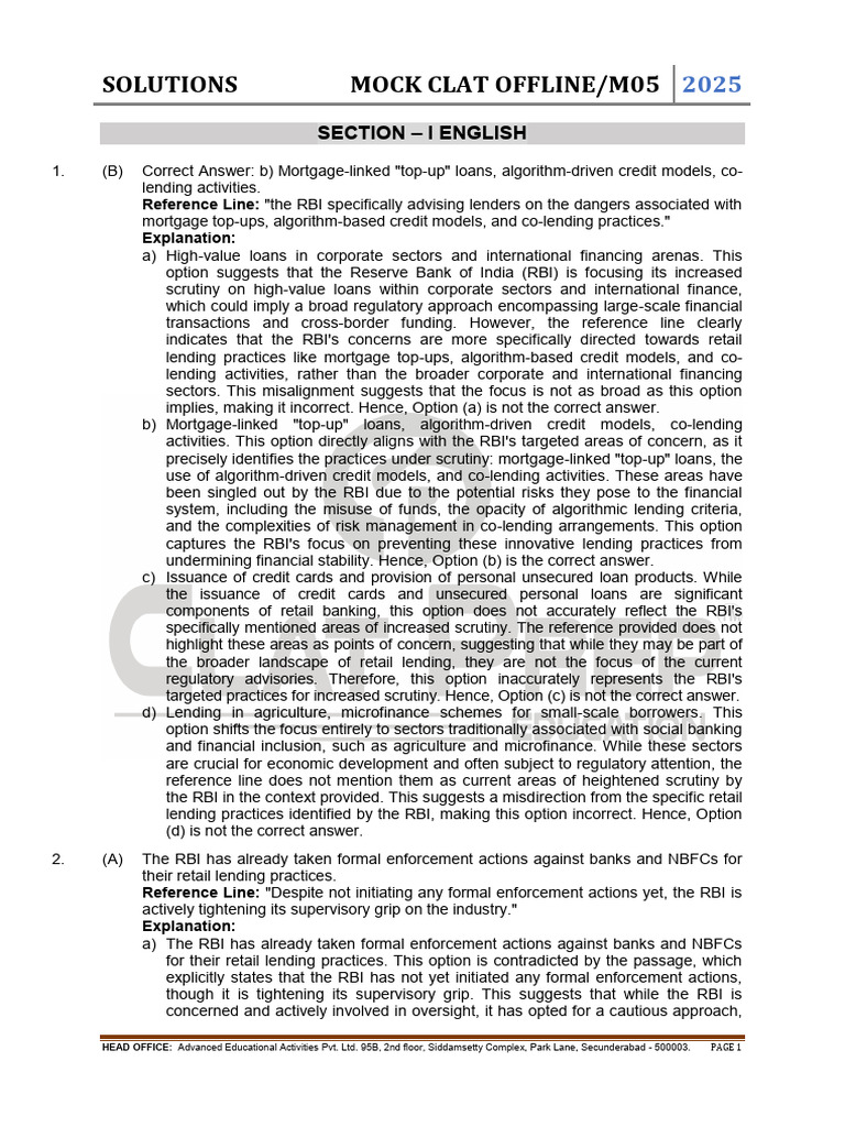 Mock Clat Offline_(m05) Solutions-1 | PDF | Loans | Risk