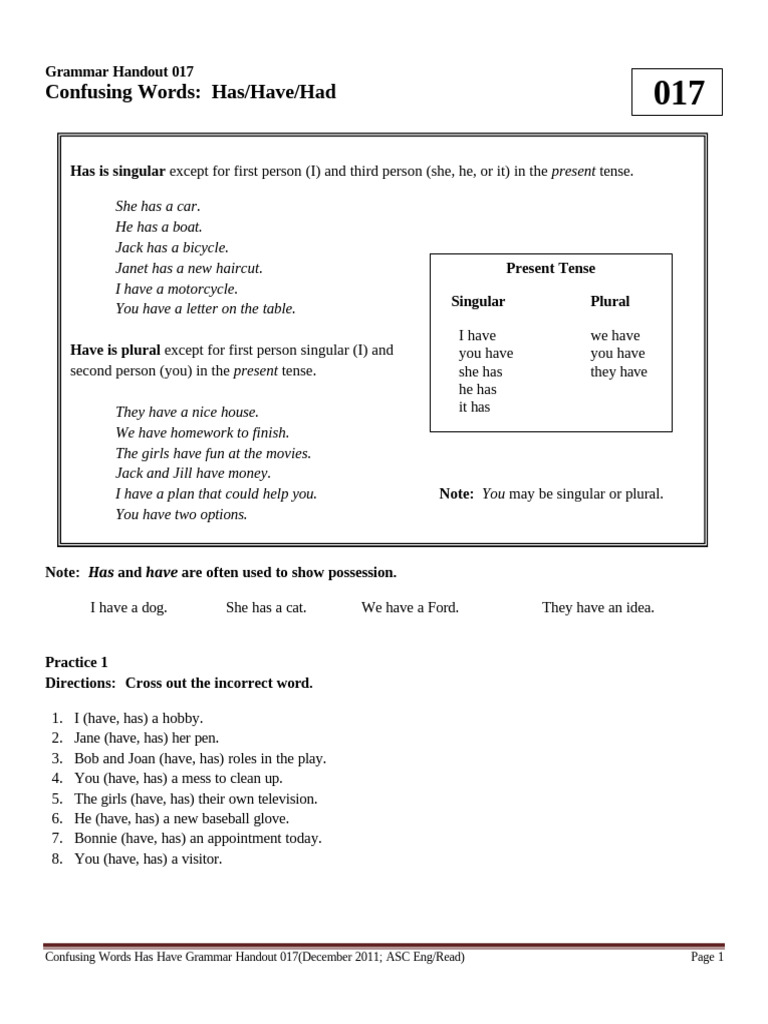 Grammar Guide: Has, Have, Had Usage | PDF | Grammatical Number ...