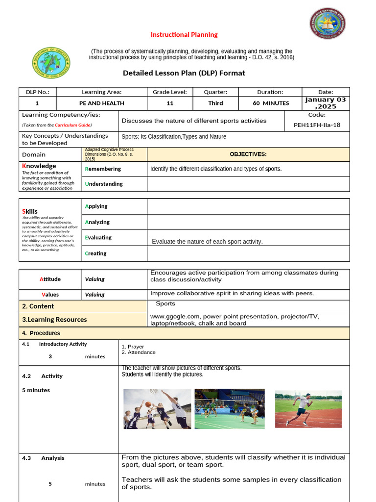 PE and Health Lesson Plan Overview | PDF | Learning | Knowledge