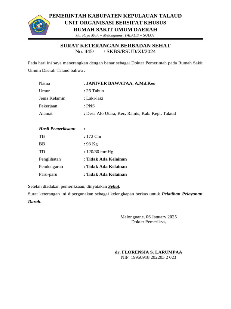 Surat Keterangan Sehat RSUD Talaud | PDF