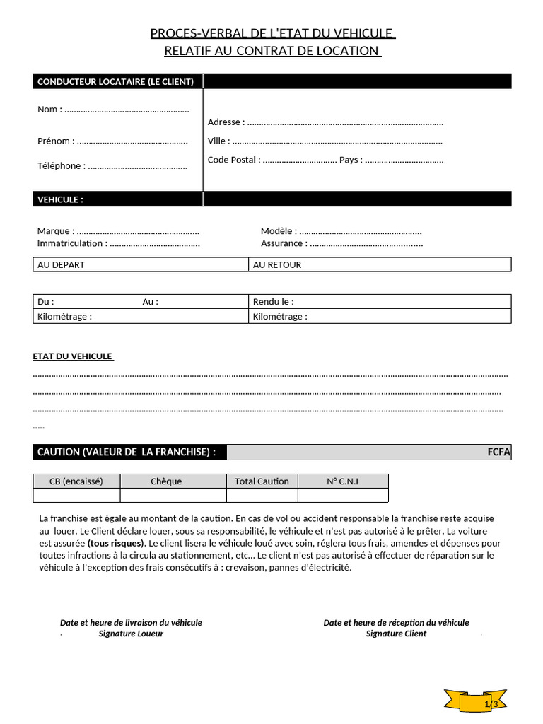 État du véhicule pour location voiture | PDF | Véhicules | Transport