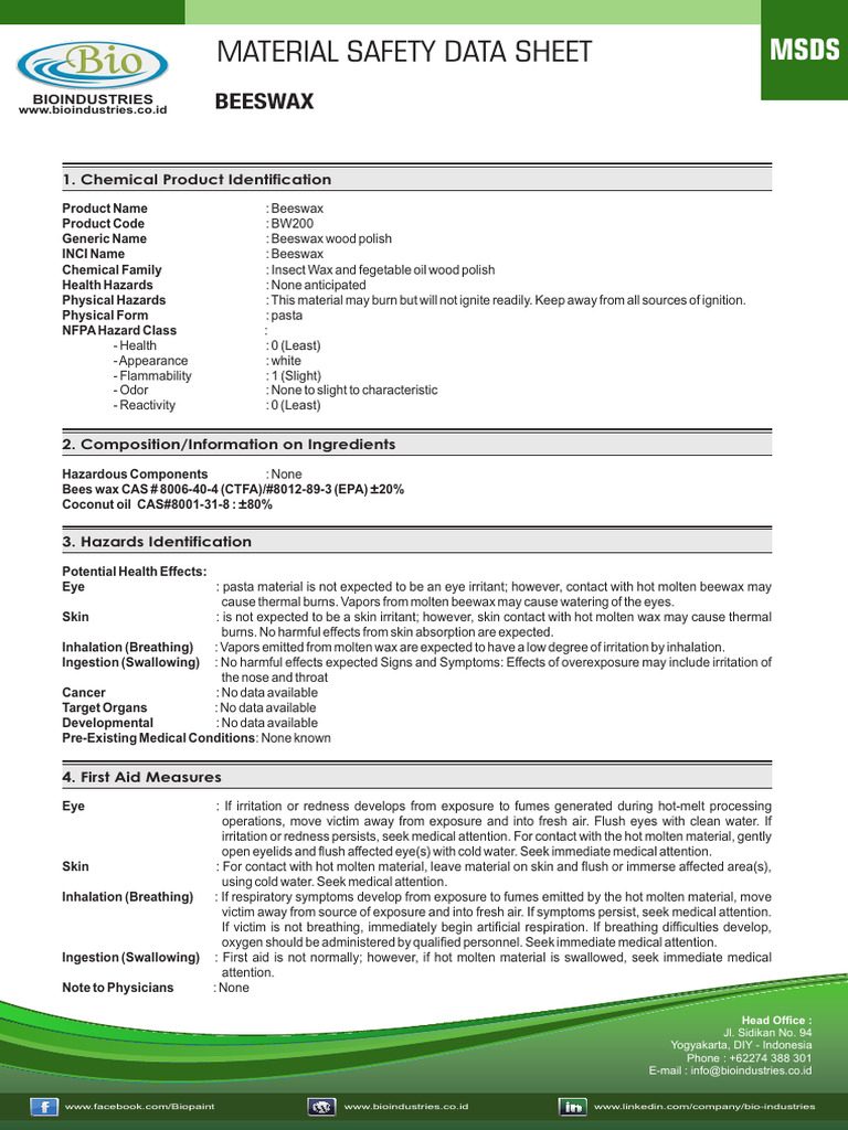 MSDS Beeswax | PDF | Hazardous Waste | Personal Protective Equipment