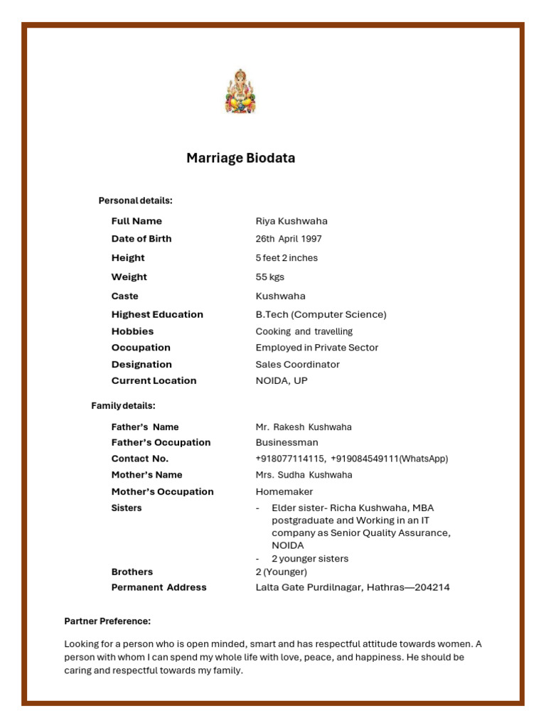 Marriage Biodata Riya | PDF