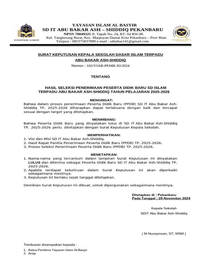 Surat Keputusan Hasil Seleksi Pertama PPDB 2025-2026 | PDF