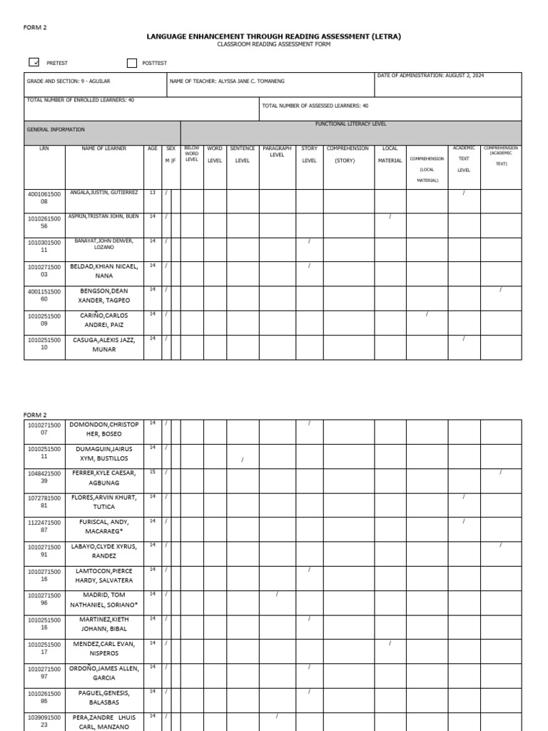 Classroom Reading Assessment Form | PDF | Learning | Cognition
