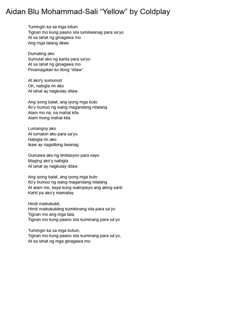 Coldplay's "Yellow" Lyrics Analysis | PDF