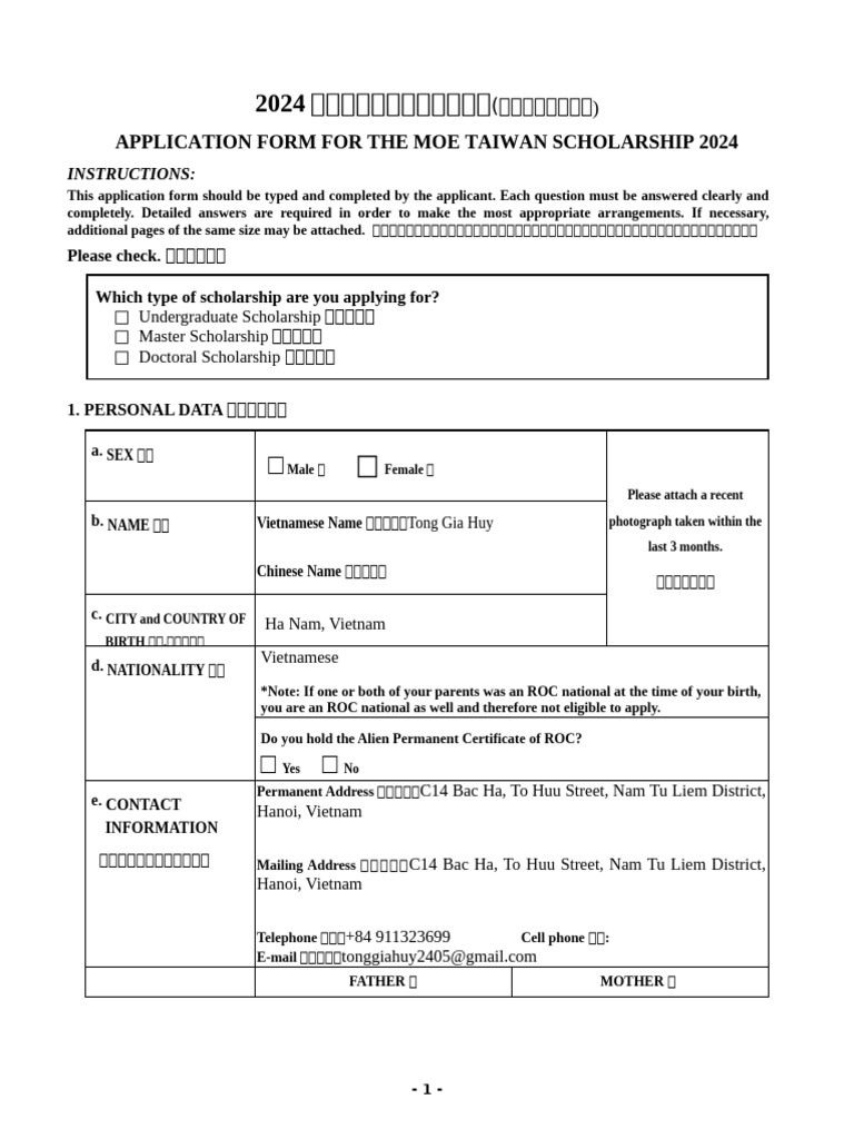 Form Dang Ky Xin Hoc Bong MOE 2024 1 | PDF | Taiwan