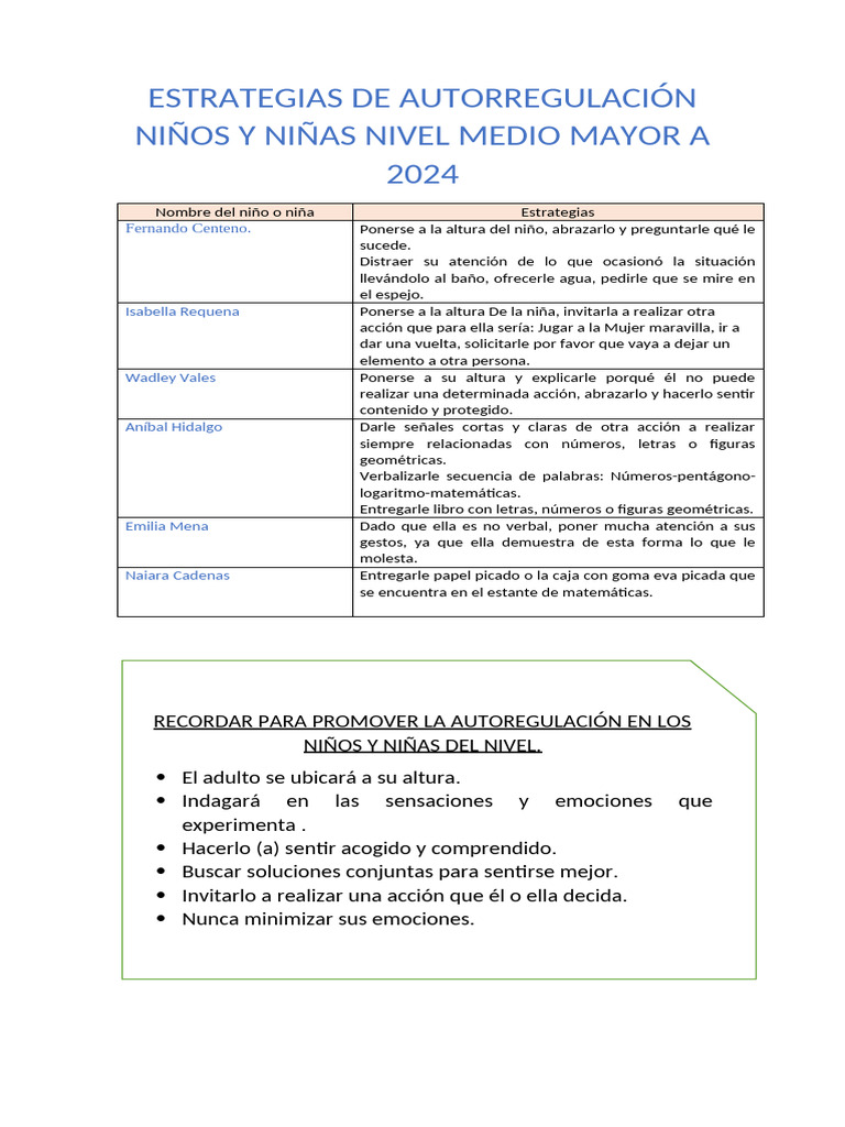 Estrategias de Autorregulación Niños y Niñas Nivel Medio Mayor A 2024 | PDF