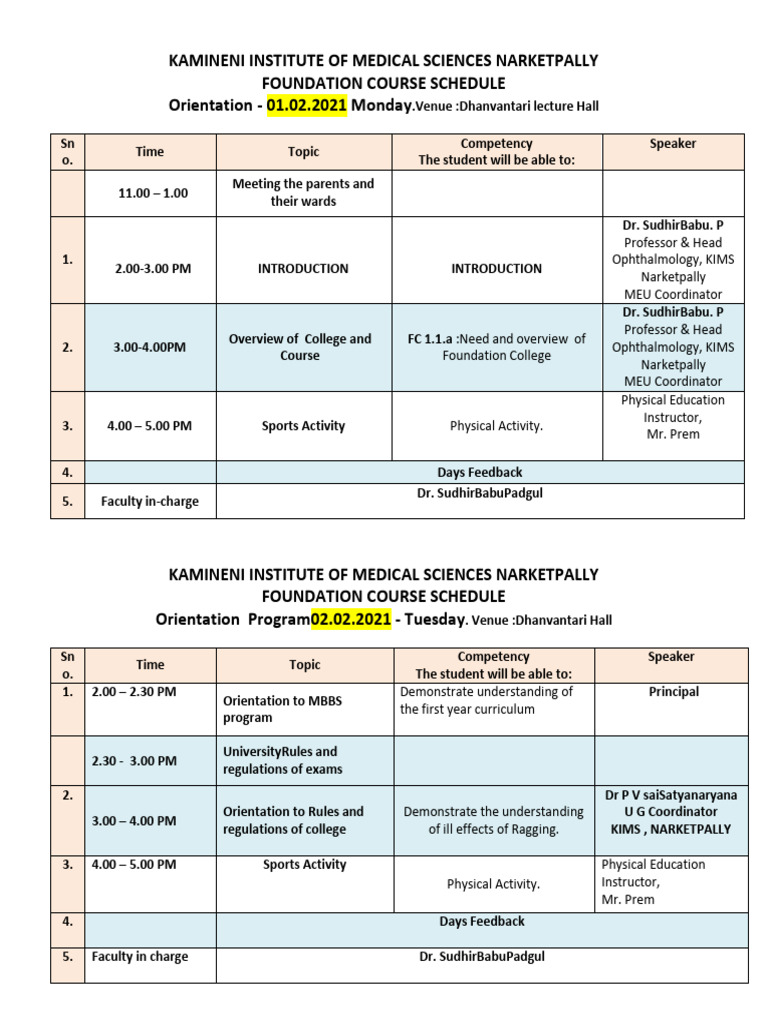 Kamineni Medical Sciences Foundation Course Schedule | PDF | Medicine ...
