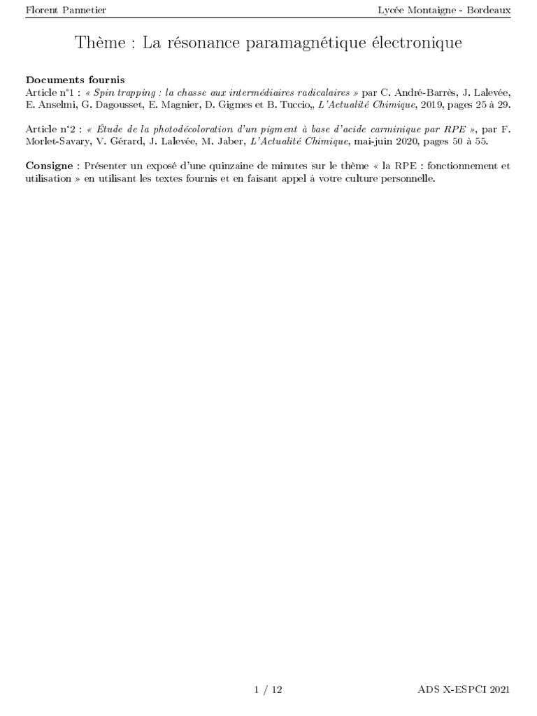 Spin Trapping et RPE en Chimie | PDF | Résonance paramagnétique ...