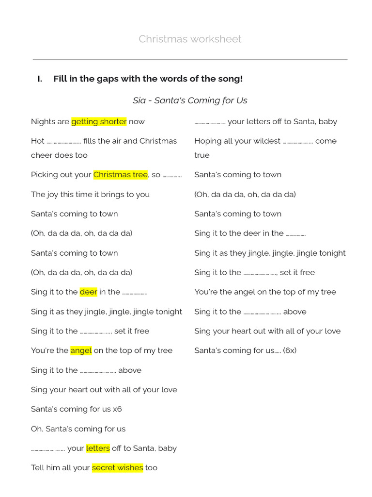 Christmas Song Fill-in-the-Blank Worksheet | PDF