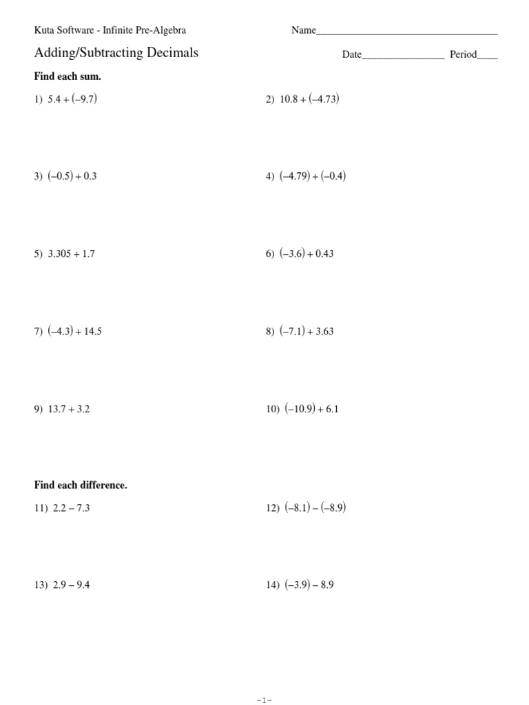 Adding and Subtracting Decimals Worksheet | PDF | Arithmetic | Mathematics