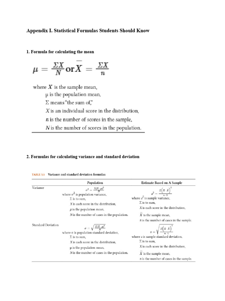 Appendix I - Statistical Formulas Students Should Know | PDF