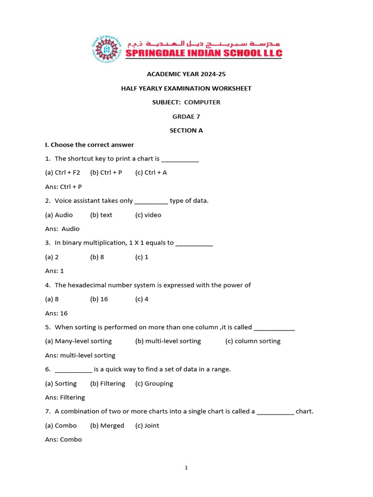 GRADE 7 COMPUTER WORKSHEET | PDF | Artificial Intelligence ...