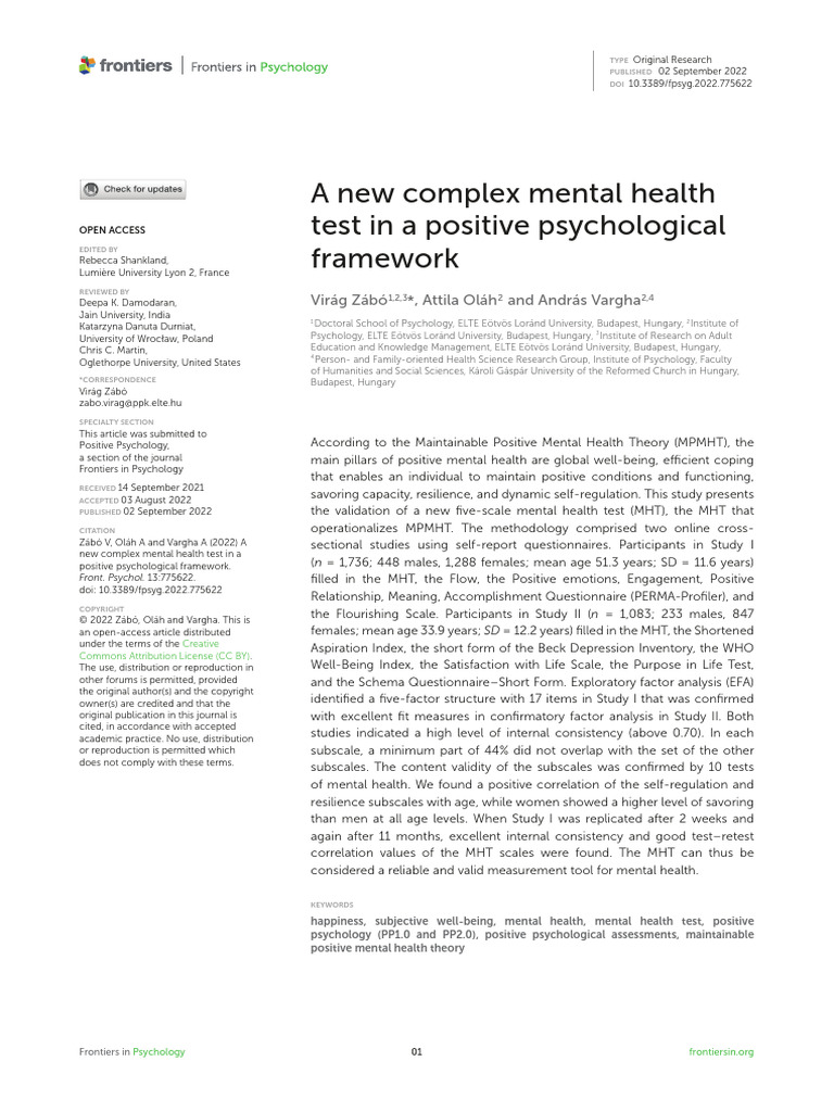 A New Complex Mental Healthtest in A Positive Psychologicalframework ...