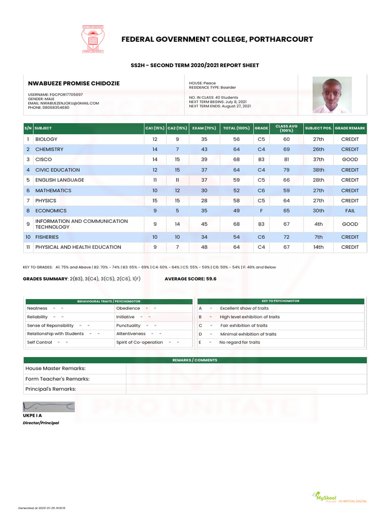 Nwabueze PromiseSS2H Second Term 2020 2021 ReportCard | PDF