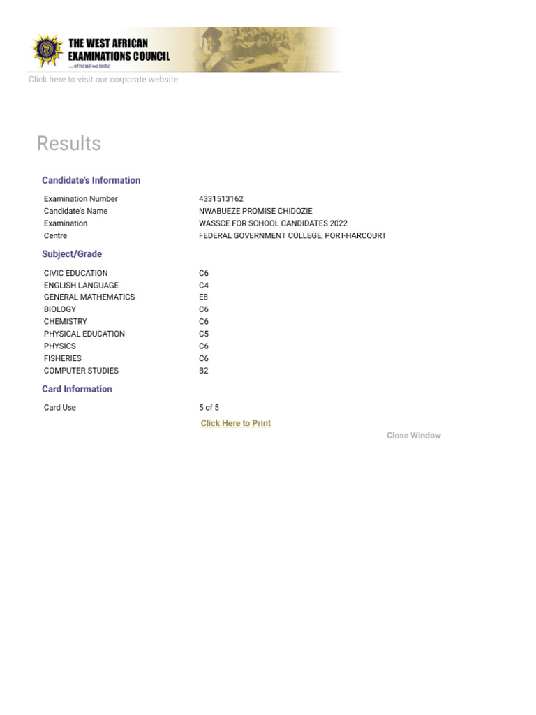 Waecdirect Online - Results | PDF
